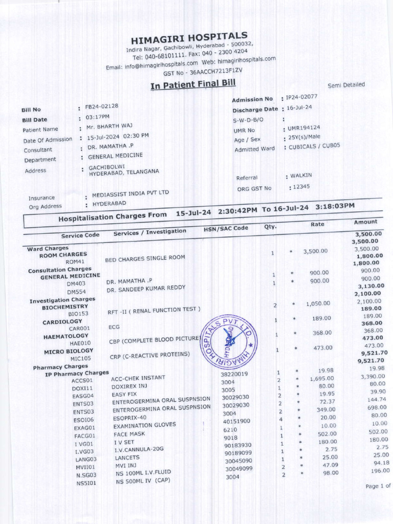MR Bharath Waj Final Bill and Discharge Summary | PDF | Health Sciences ...