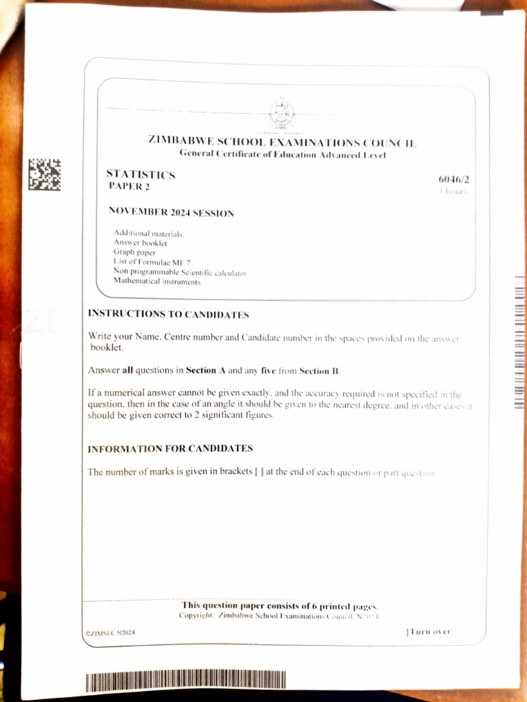 6046 Statistics November 2024 Paper 2 | PDF