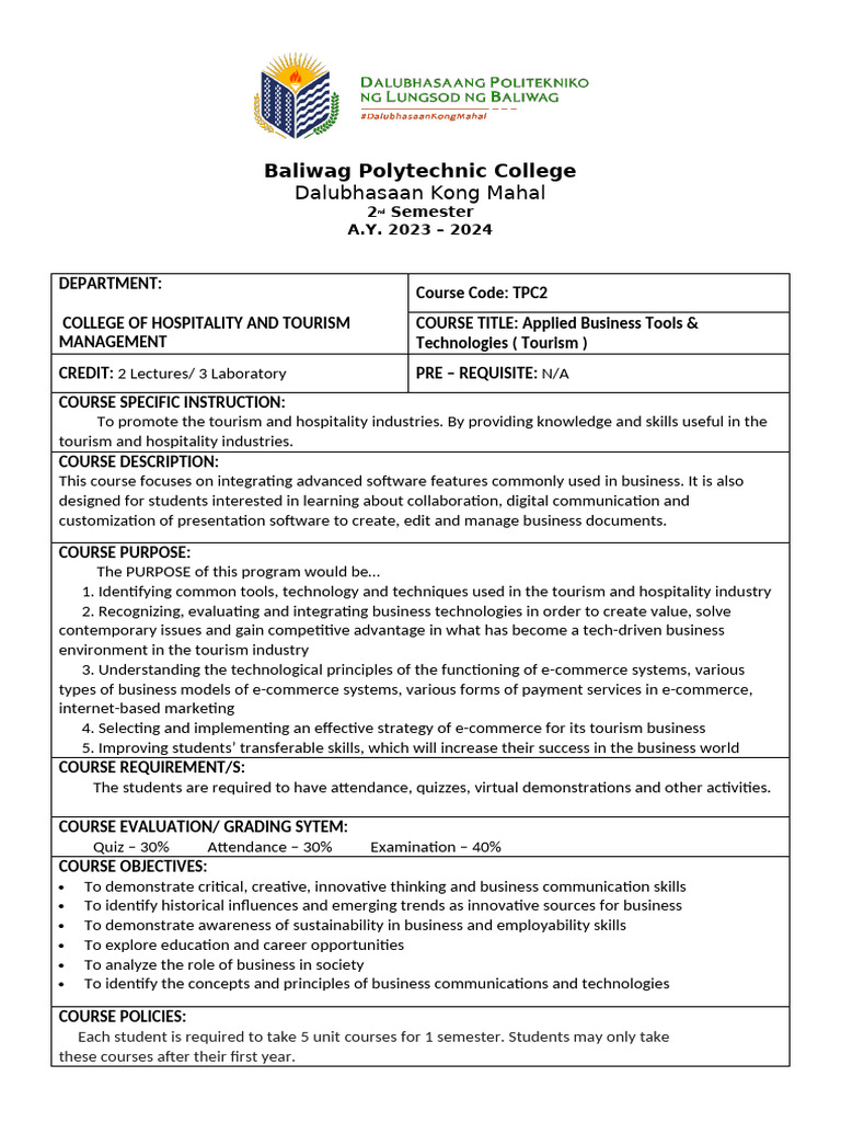 TPC2 Syllabus Ugd | PDF | Tourism | Educational Technology