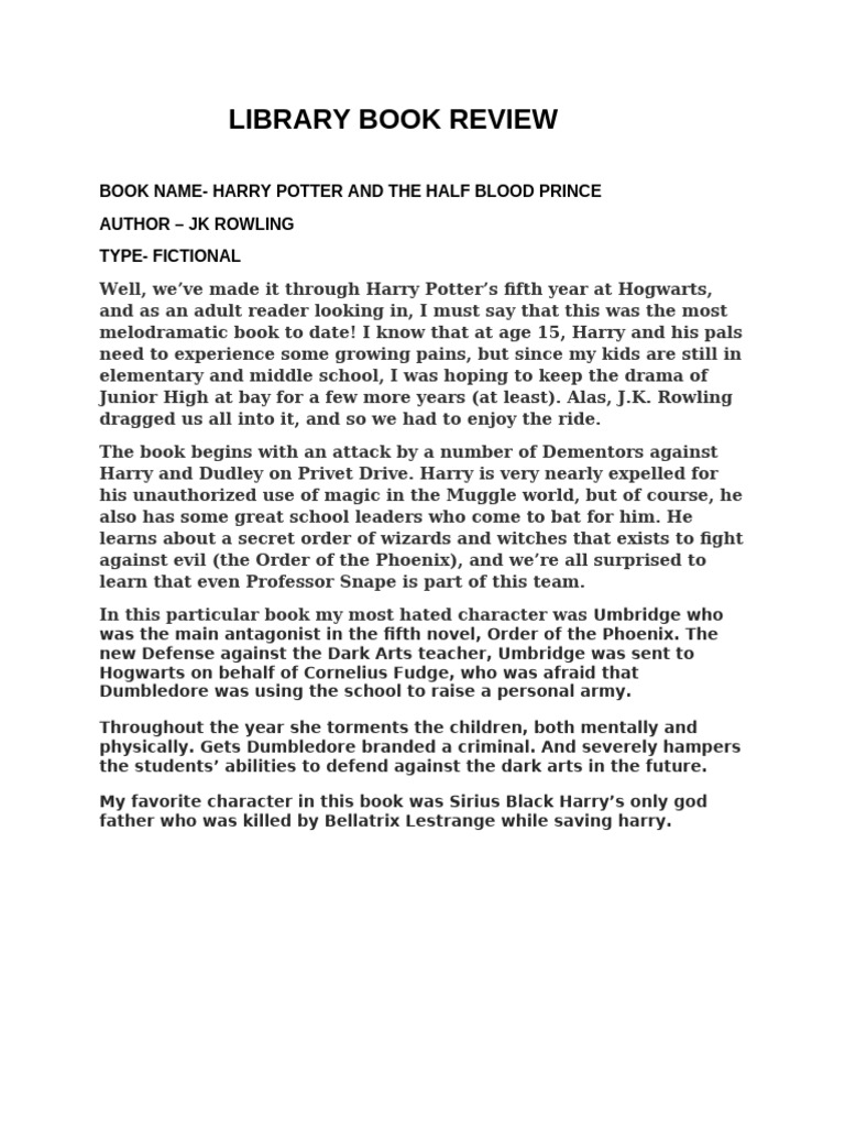 Library Book Review: Book Name-Harry Potter and The Half Blood Prince ...