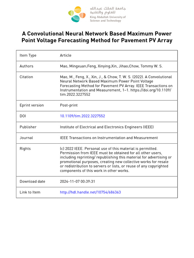 A Convolutional Neural Network Based Maximum Power Point Voltage Forecasting Method For Pavement ...