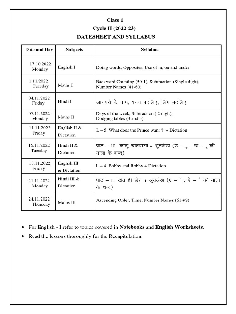 'Class 1 - Cycle II Datesheet and Syllabus 2022-2023 | PDF