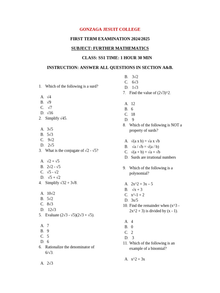 SS1 Further Mathematics Exam | PDF | Factorization | Quadratic Equation
