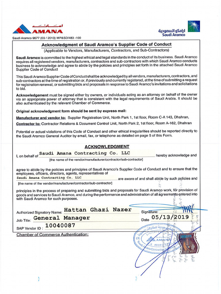 Signed & Stamped Saudi Aramco Supplier Code of Conduct - EN | PDF