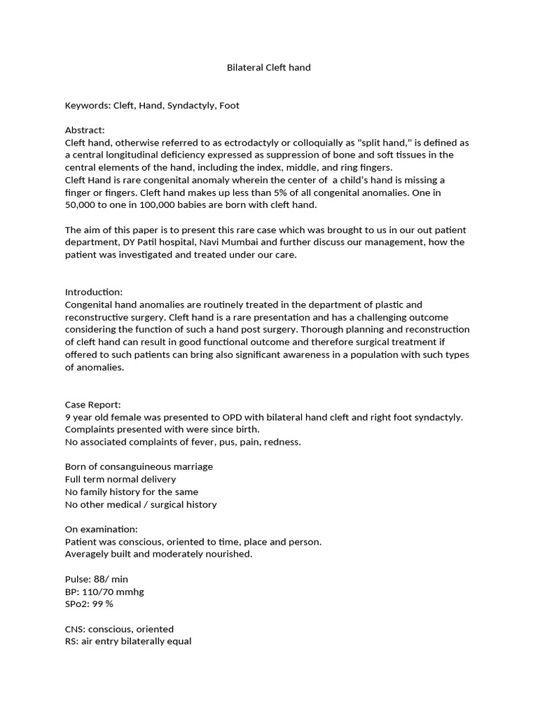 Bilateral Cleft Hand Poster | PDF | Pediatrics | Congenital Disorder