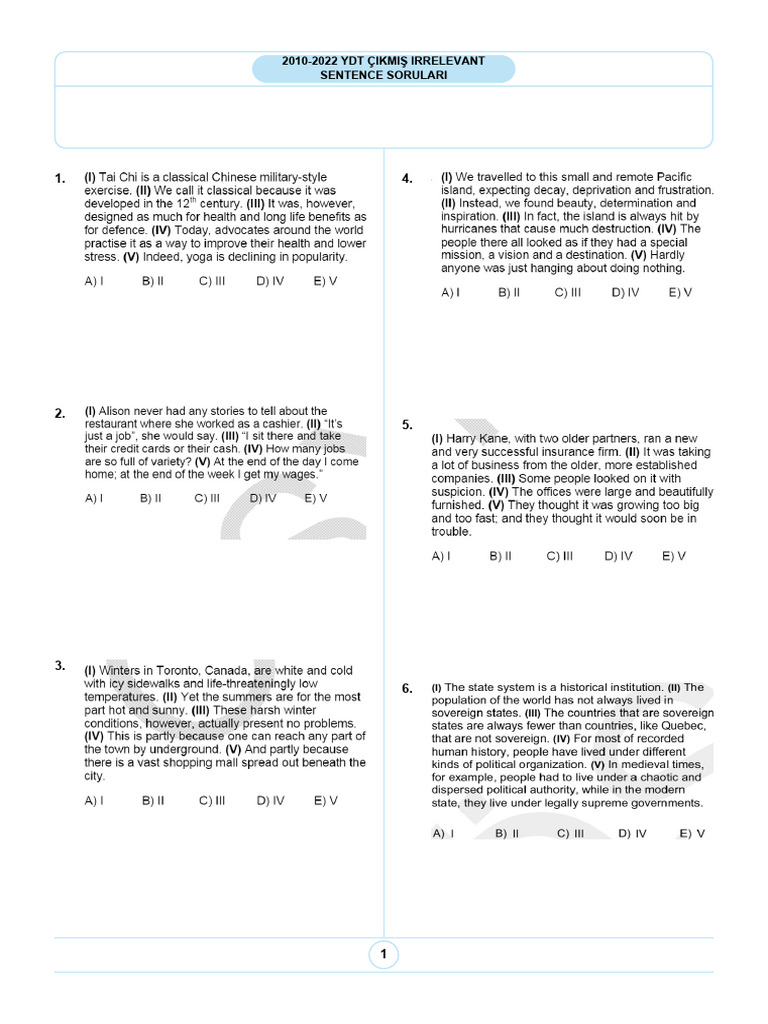 2010 2022 Ydt C Ikmis Irrelevant Sentence Sorulari | PDF