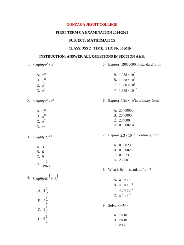 JSS2 First Term Mathematics | PDF | Shape | Cartesian Coordinate System