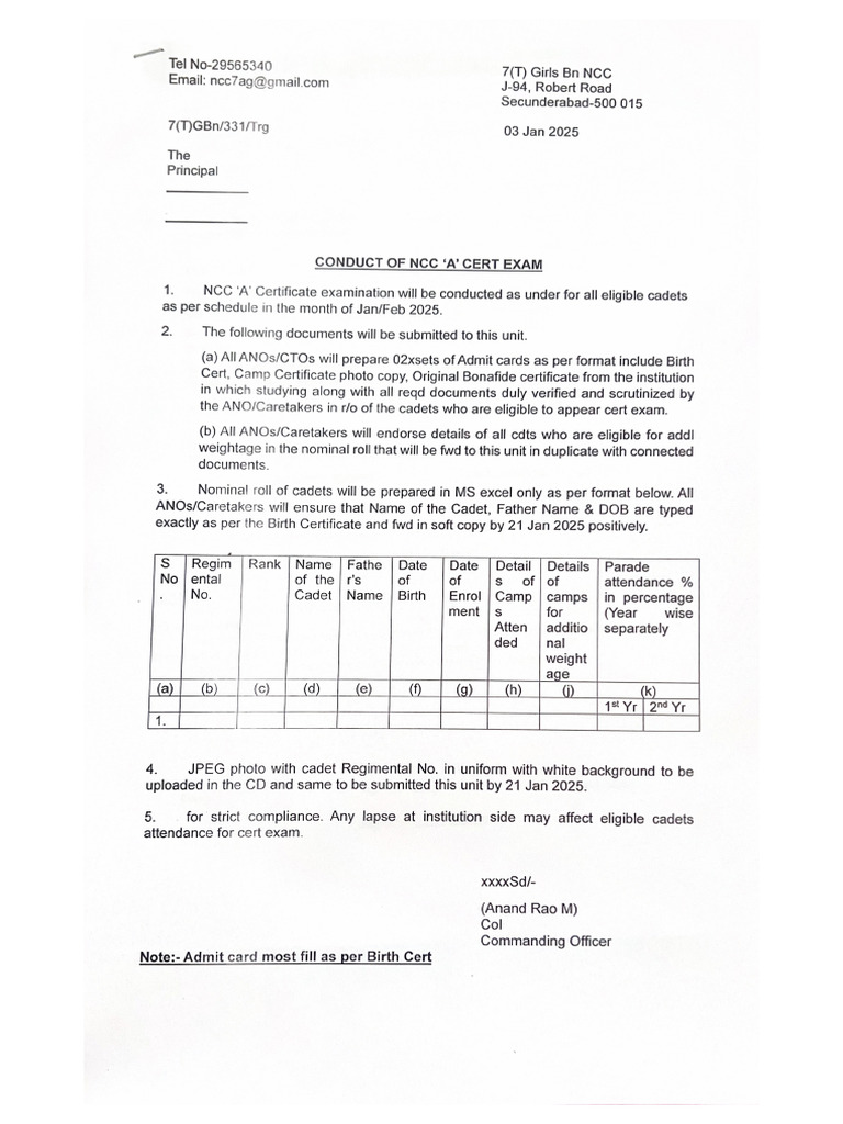 Conduct of NCC ‘a’ Cert Exam-2024-25 | PDF