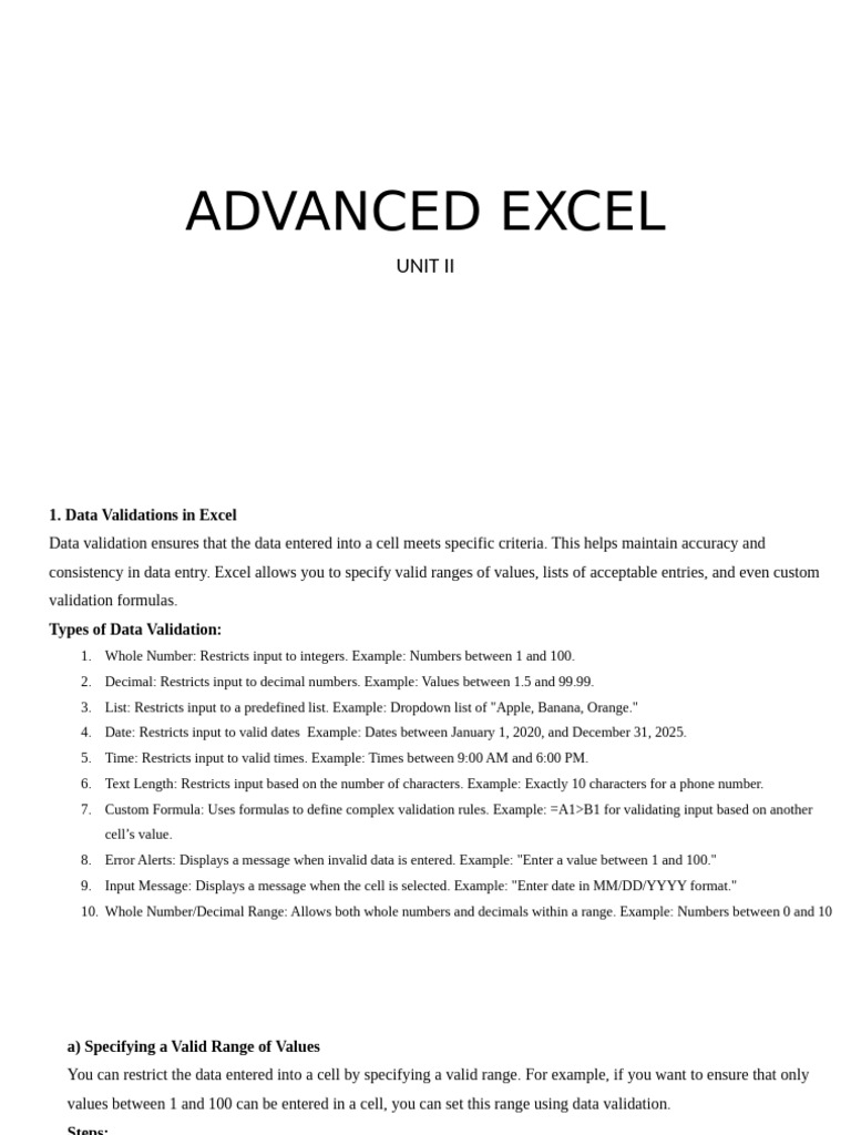 Advanced Excel - Unit II | PDF | Microsoft Excel | Computing Advanced Excel - Unit II | PDF | Microsoft Excel | Computing