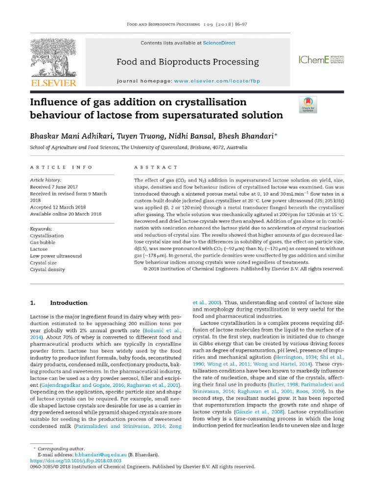 Gas Impact on Lactose Crystallization | PDF | Applied And ...