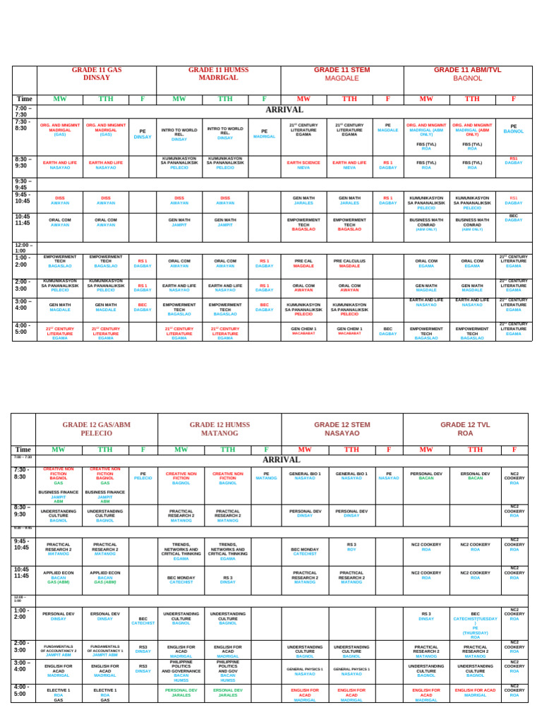 Shs 2023 Schedule Class 1st Semester | PDF