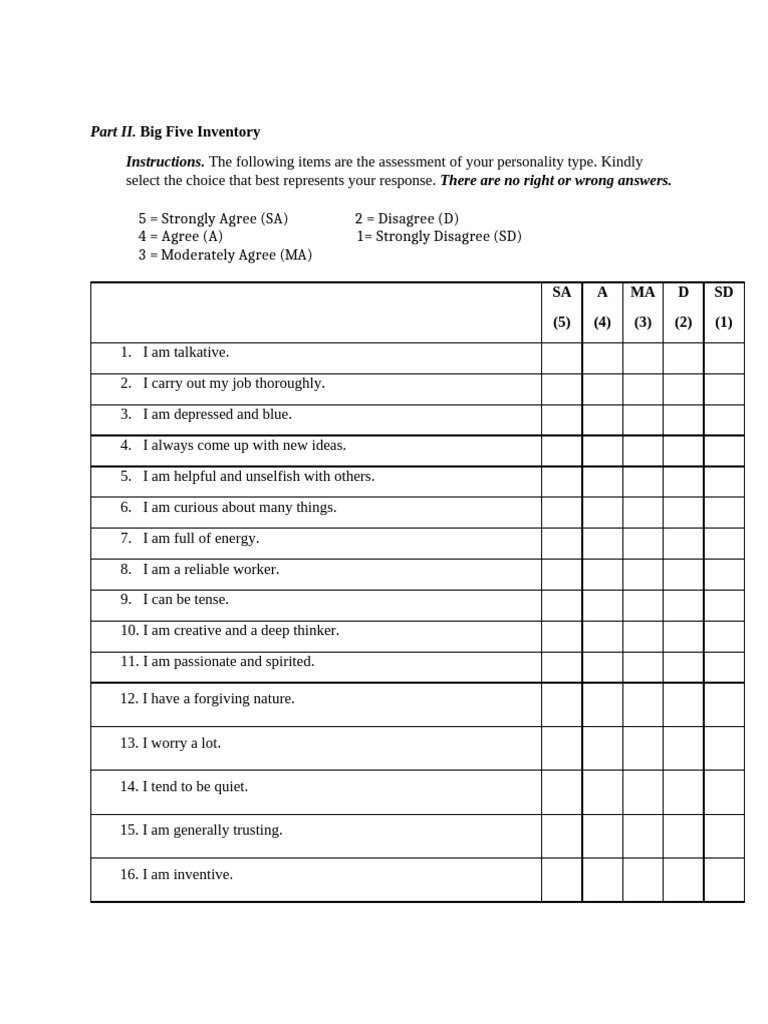 Big 5 Personality Type Questionnaire | PDF | Extraversion And ...