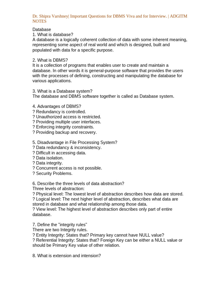 DBMS Lab Viva Voce Questions-Important | PDF | Databases | Relational Database