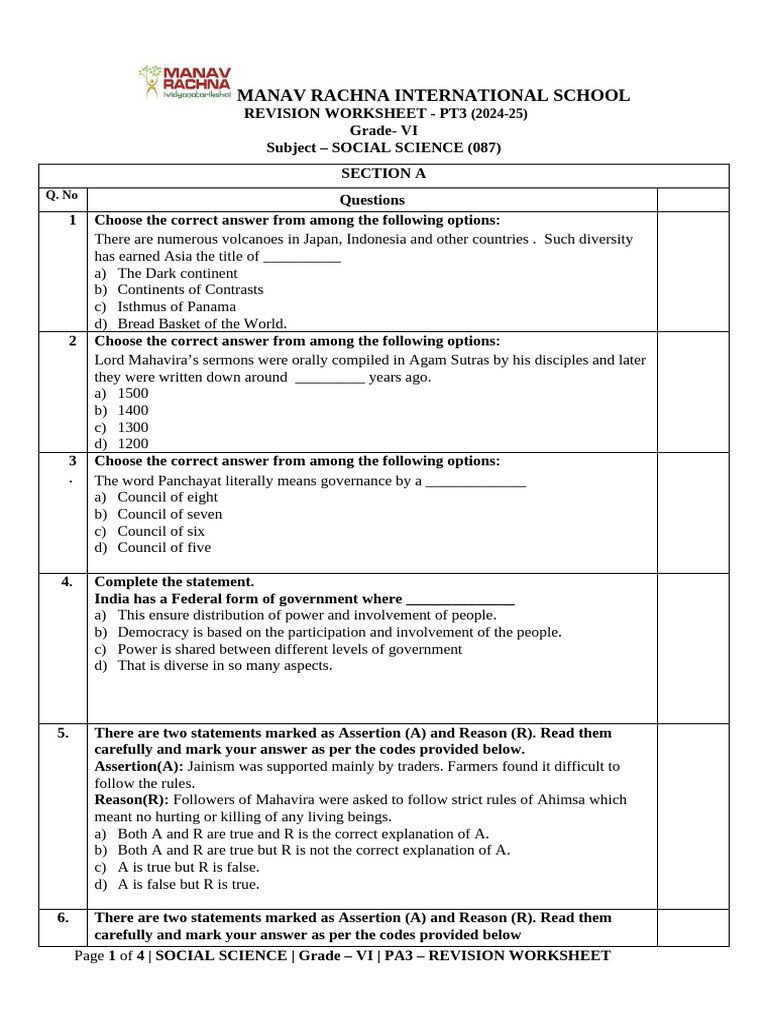 Grade VI Social Science PT3 Worksheet | PDF | Indian Religions | Indian ...