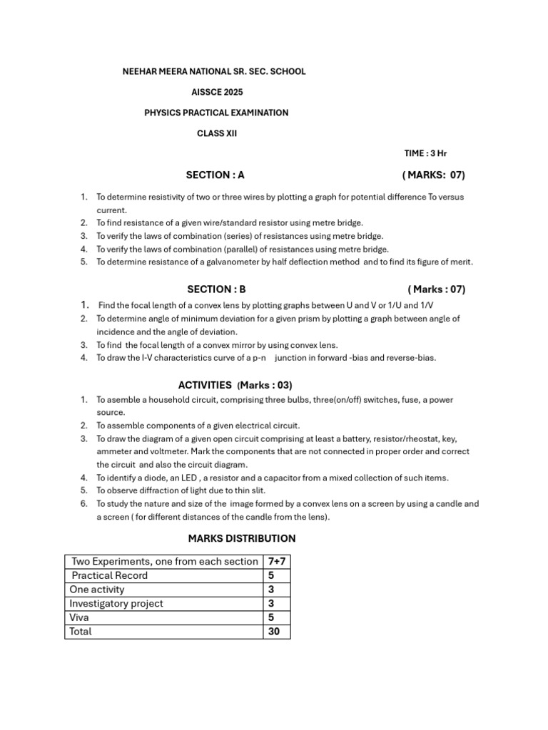 Physics Practical Examination (2024-25) | PDF | Electrical Resistance And Conductance ...