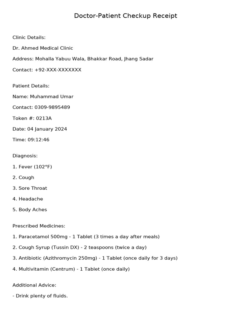 Fever Treatment Receipt - Dr. Ahmed | PDF