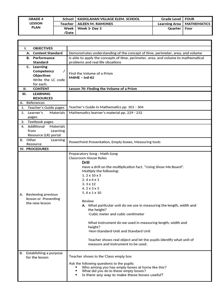 COT 2 - Lesson Plan-Math 4-Quarter 4-Week 3 | PDF | Volume | Length