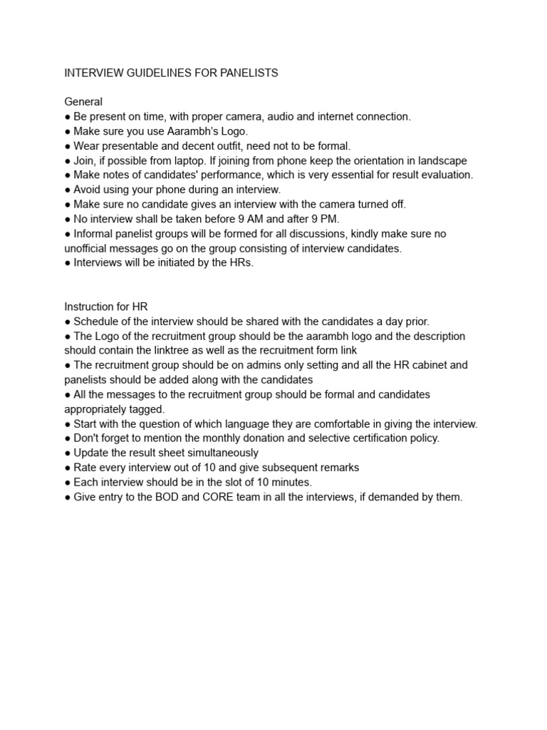 Interview Guidelines For Panelists | PDF
