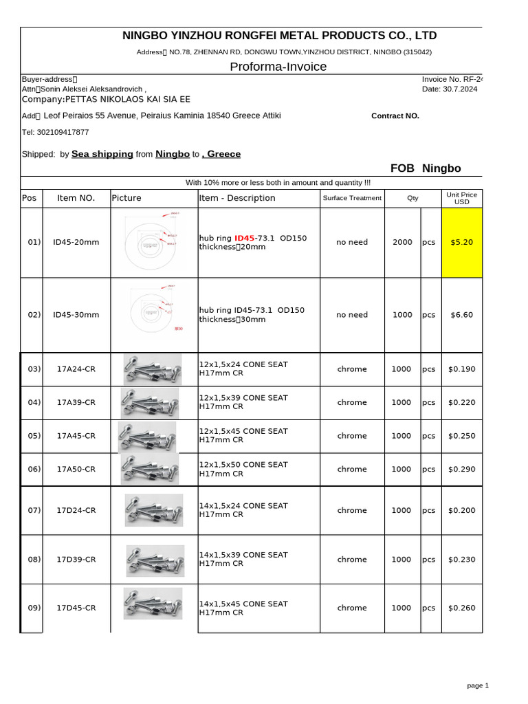 Proforma-Invoice: Ningbo Yinzhou Rongfei Metal Products Co., LTD | PDF