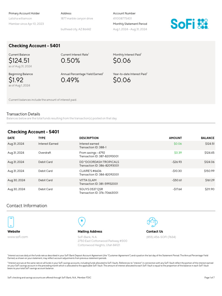 SoFi Checking Account Statement Summary | PDF | Transaction Account | Banks