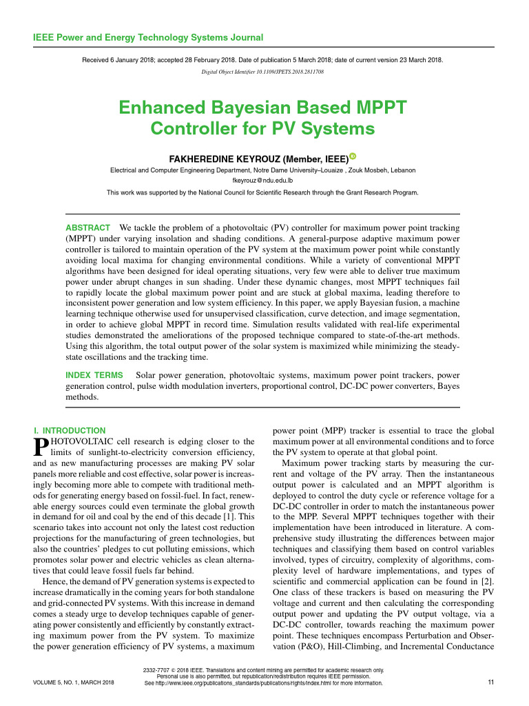 Enhanced Bayesian Based MPPT Controller for PV Systems | PDF | Photovoltaics