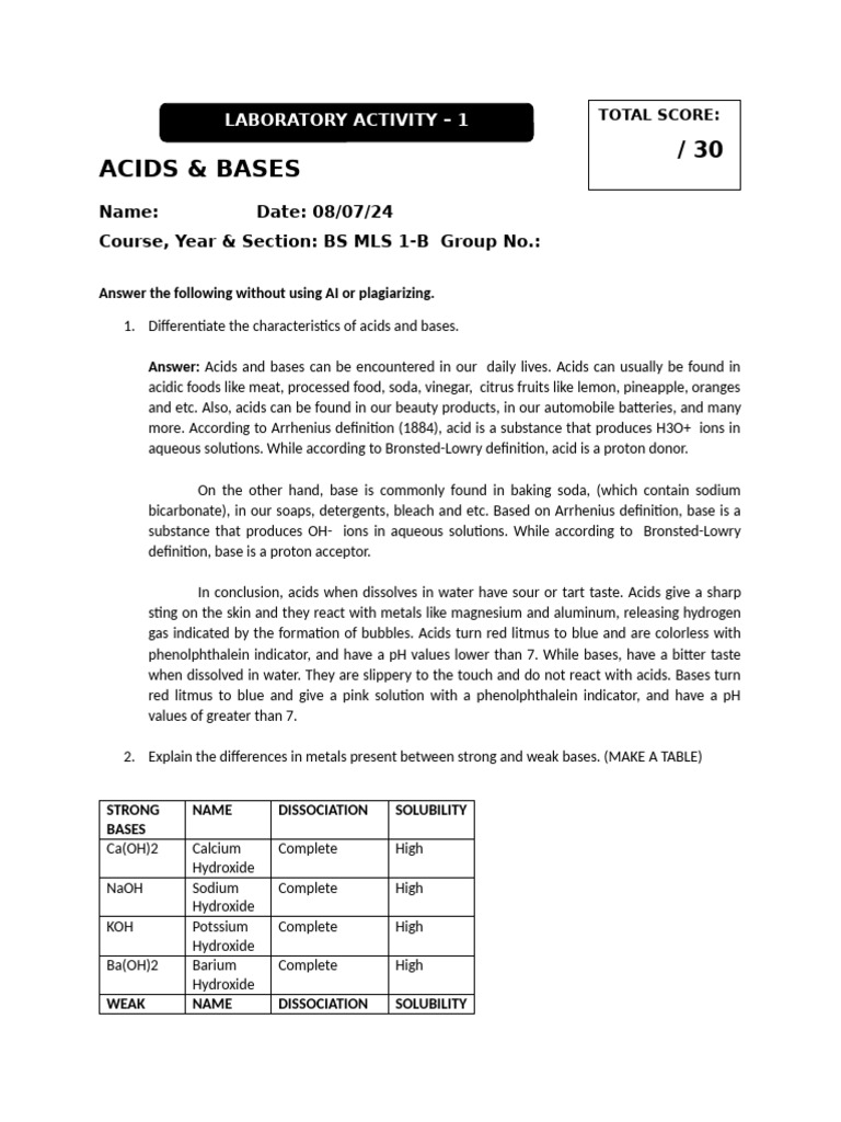 Laboratory Activity No. 1M Acids Bases | PDF | Hydroxide | Acid