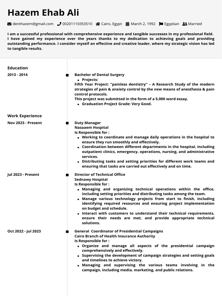 Resume Hazem Ehab Ali | PDF | Dentist | Dentistry