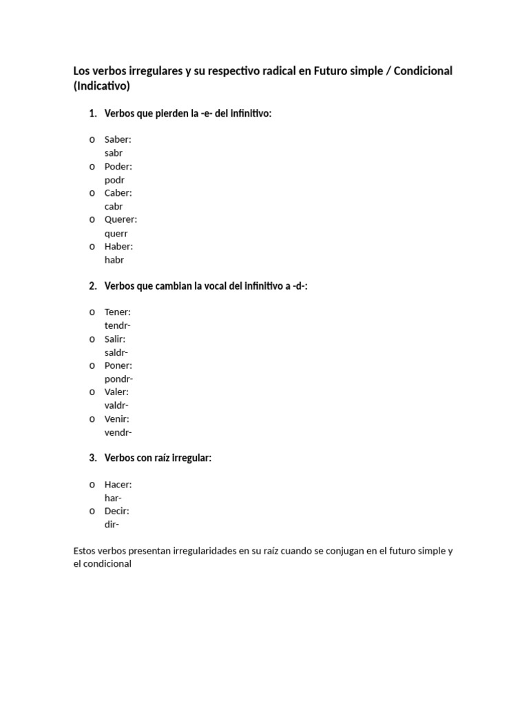 Verbos Irregulares en Futuro/Condicional | PDF