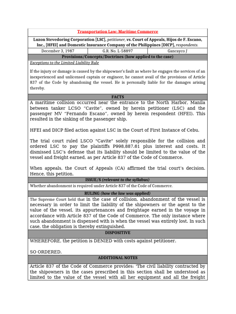 Luzon Stevedoring Co. v. CA, G.R No. L-58897 (1987) | PDF | Legal ...