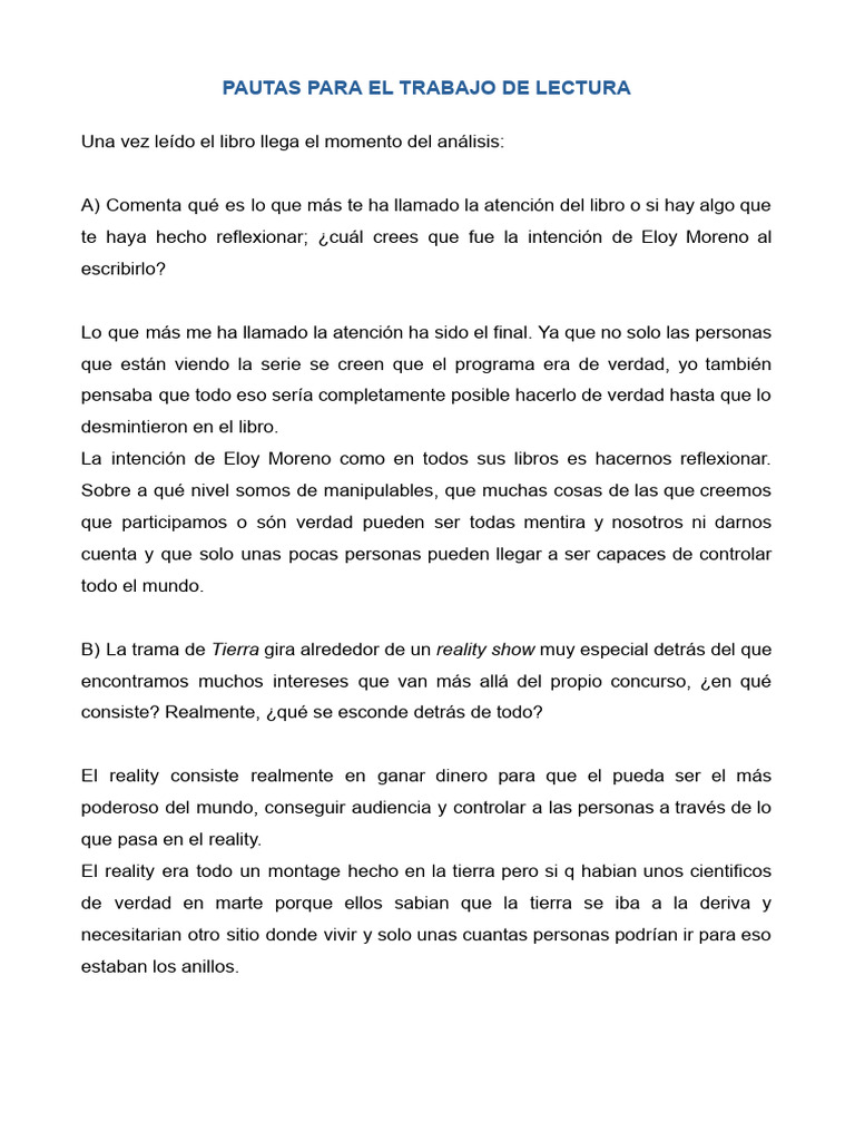 Análisis del libro "Tierra" de Eloy Moreno | PDF | Verdad