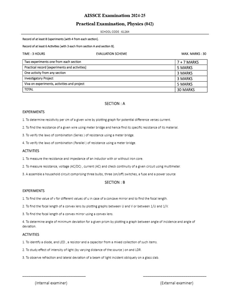 Physics Practical Paper Aissce 2024-25 | PDF | Electrical Resistance And Conductance ...