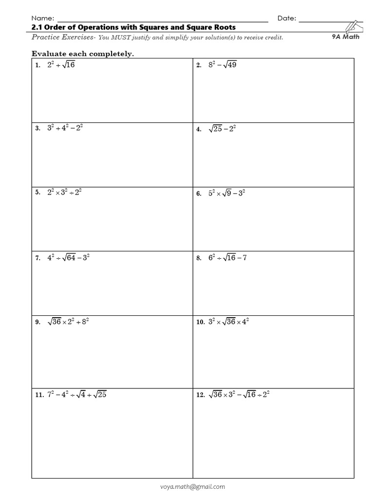 1.6 Oder of Operations With Squares and Square Roots | PDF