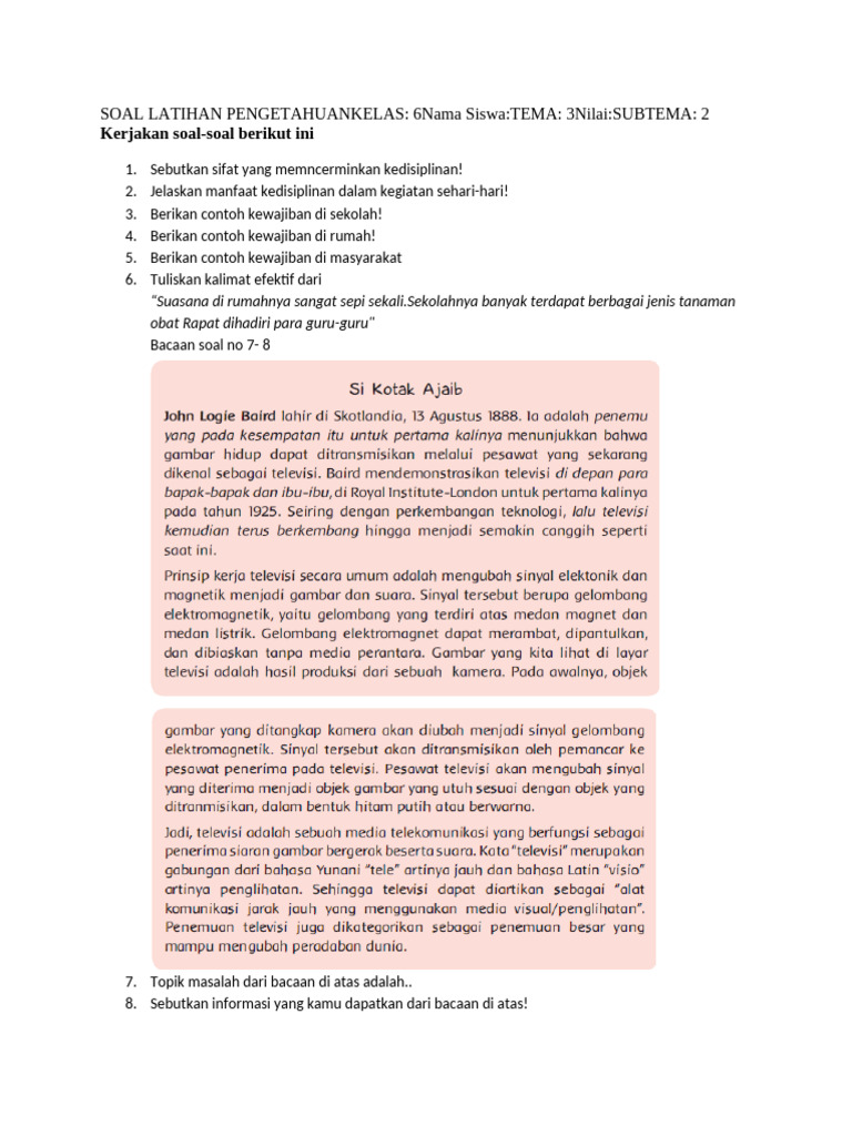Soal Latihan Pengetahuan Tema 3 Sub 2 | PDF