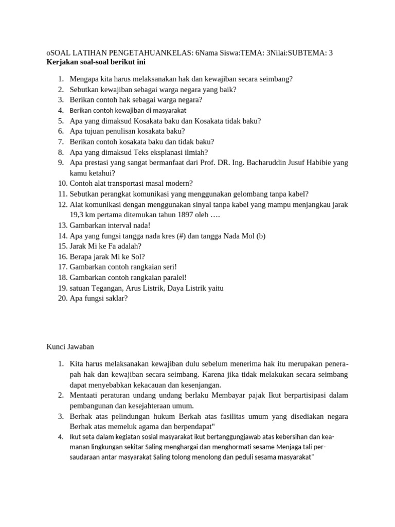 Soal Latihan Pengetahuan Tema 3 Sub 3 | PDF