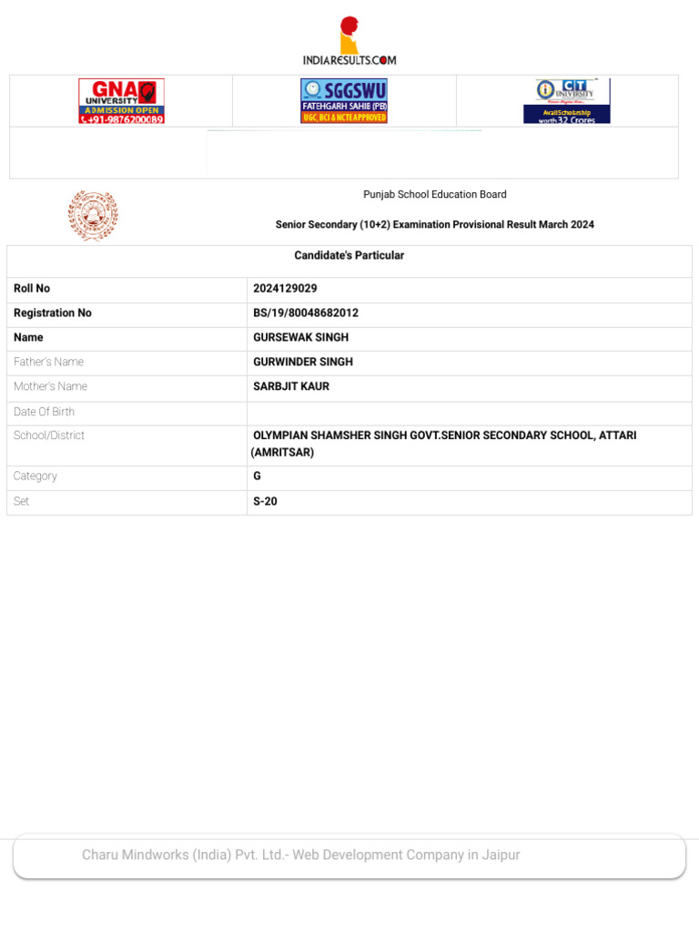 Punjab School Education Board Matriculation Examination Result March ...