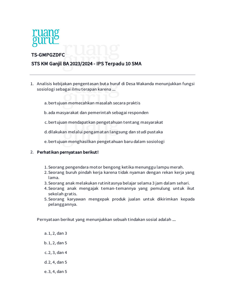 Sts Km Ganjil Ba 2023_2024 - Ips Terpadu 10 Sma | PDF