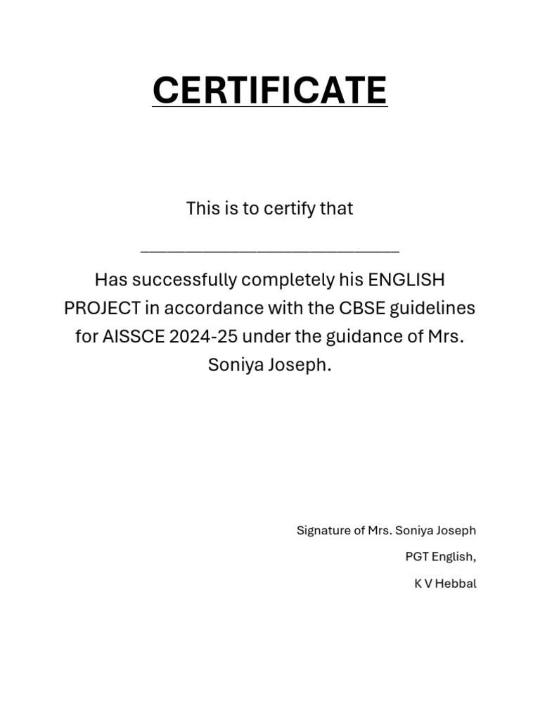 Certificate: Signature of Mrs. Soniya Joseph PGT English, K V Hebbal | PDF