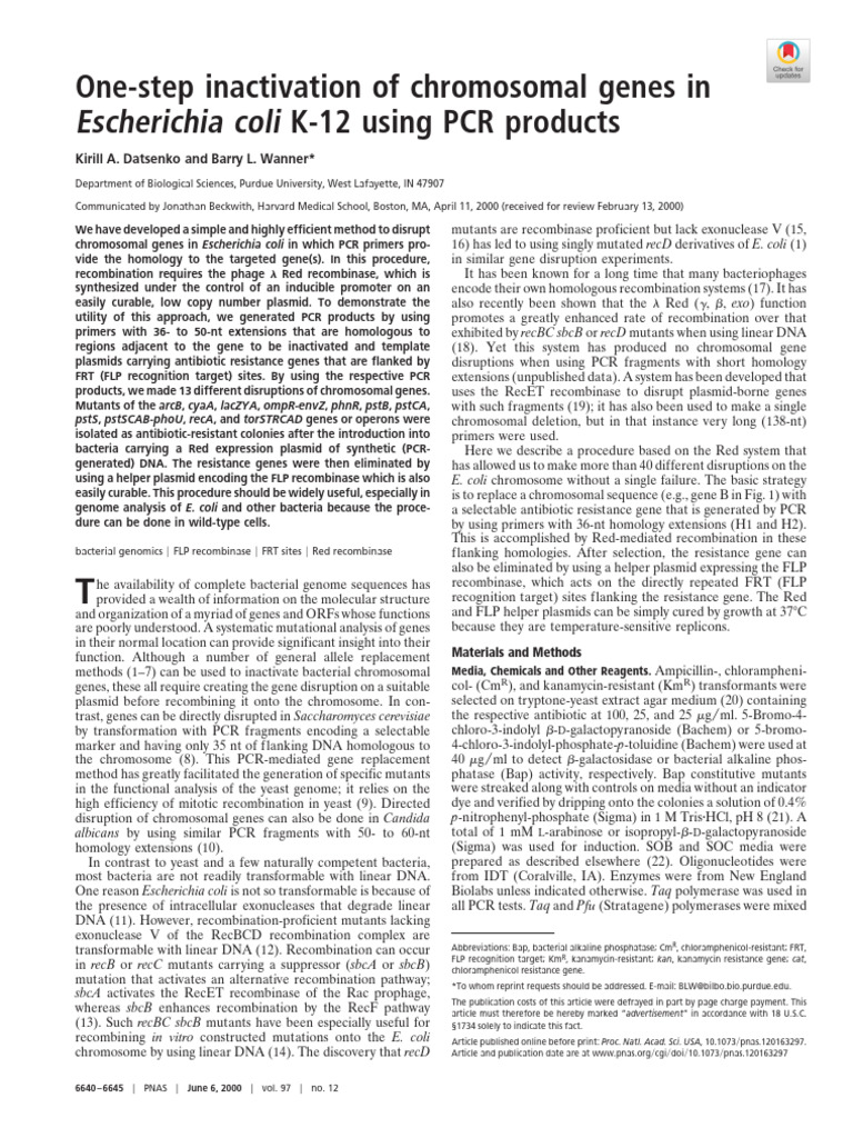 One Step Inactivation of Chromosomal Genes in Escherichia Coli K 12 ...