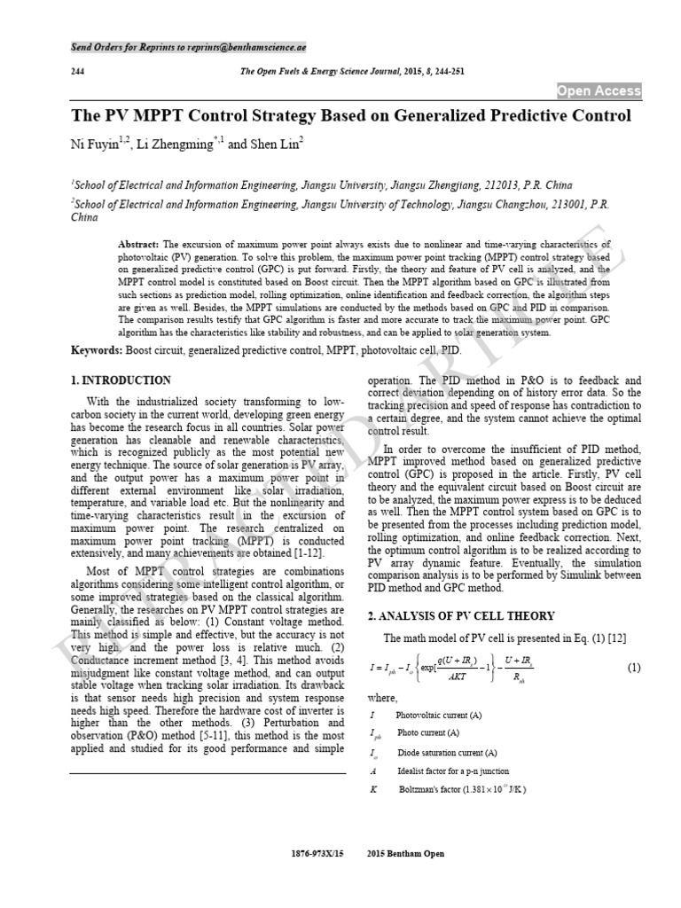 The PV MPPT Control Strategy Based on Generalized Predictive Control | PDF | Photovoltaics ...