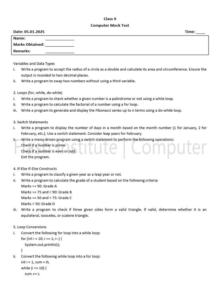 Class 9 Practice Questions 05012025 | PDF | Numbers | Control Flow