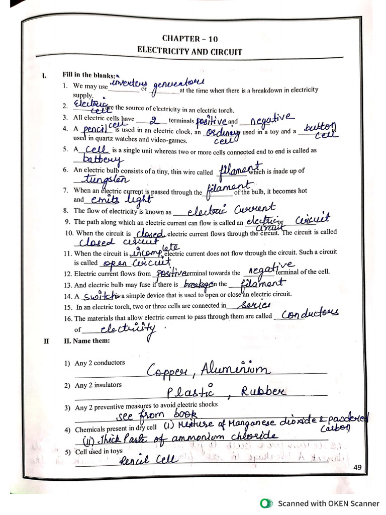 Electricity and Circuits Assignment Booklet Class 6 | PDF