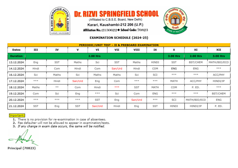Examination Schedule Pt2 3 Ut2 Pre Board | PDF