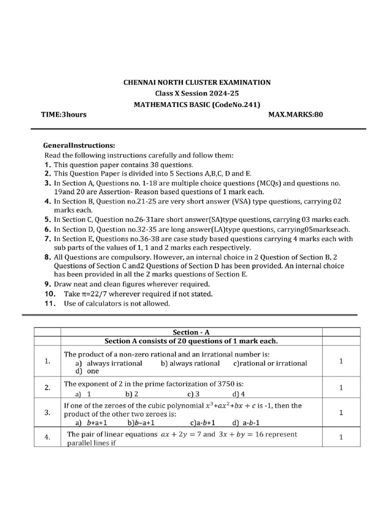 Maths Basic & Standard -QP - Set 1 | PDF