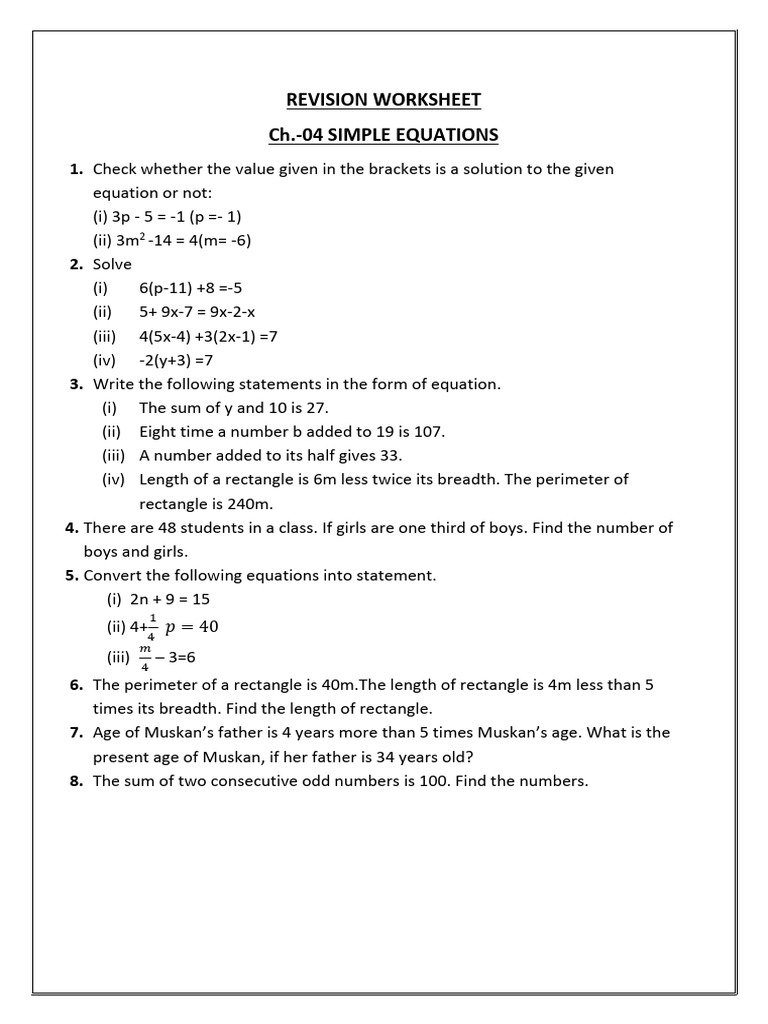 Simple Equation Class 8 | PDF