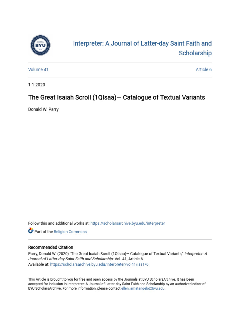 The Great Isaiah Scroll (1QIsaa) - Catalogue of Textual Variants | PDF ...