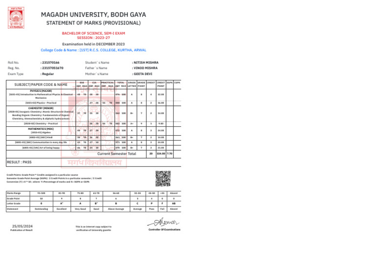 Marksheet _ Magadh University, Bodh Gaya | PDF | Chemistry | Physical ...