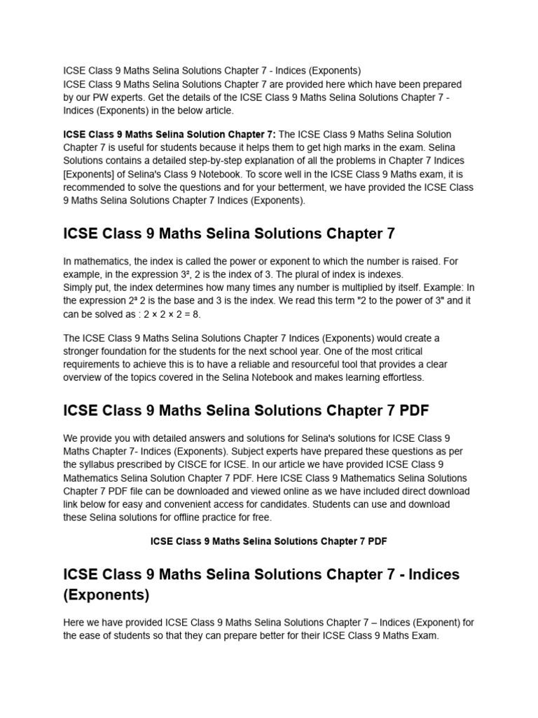 ICSE Class 9 Maths: Chapter 7 Indices Solutions | PDF | Mathematics ...