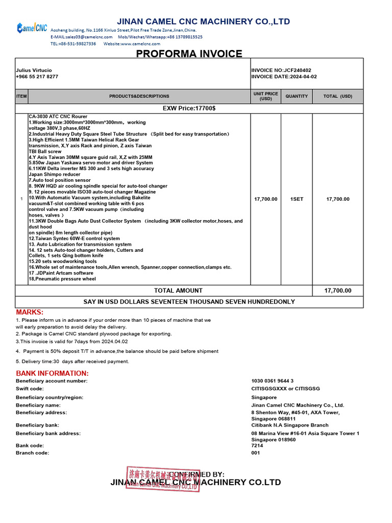 CNC Router - Proforma Invoice | PDF | Manufactured Goods