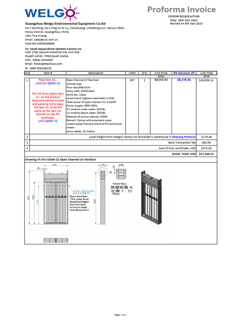 Proforma Invoice for UV Sterilizer Order | PDF