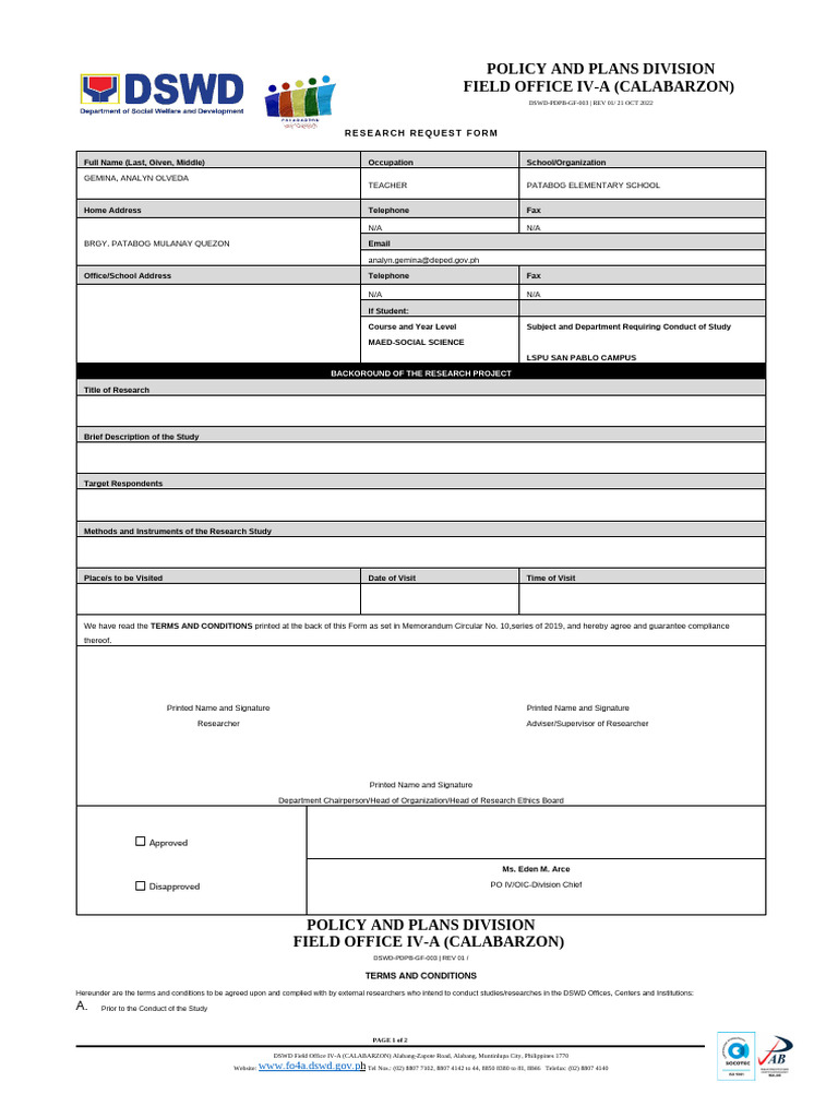 DSWD ISO Research Request Form | PDF | Informed Consent